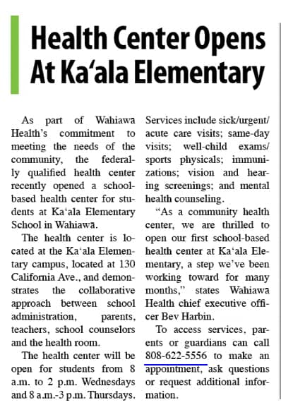 MidWeek Article - Kaʻala Elementary - Wahiawā Health